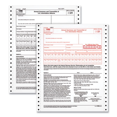 1096 Summary Transmittal Tax Forms, Two-Part Carbonless, 8 X 11, 1/page ...