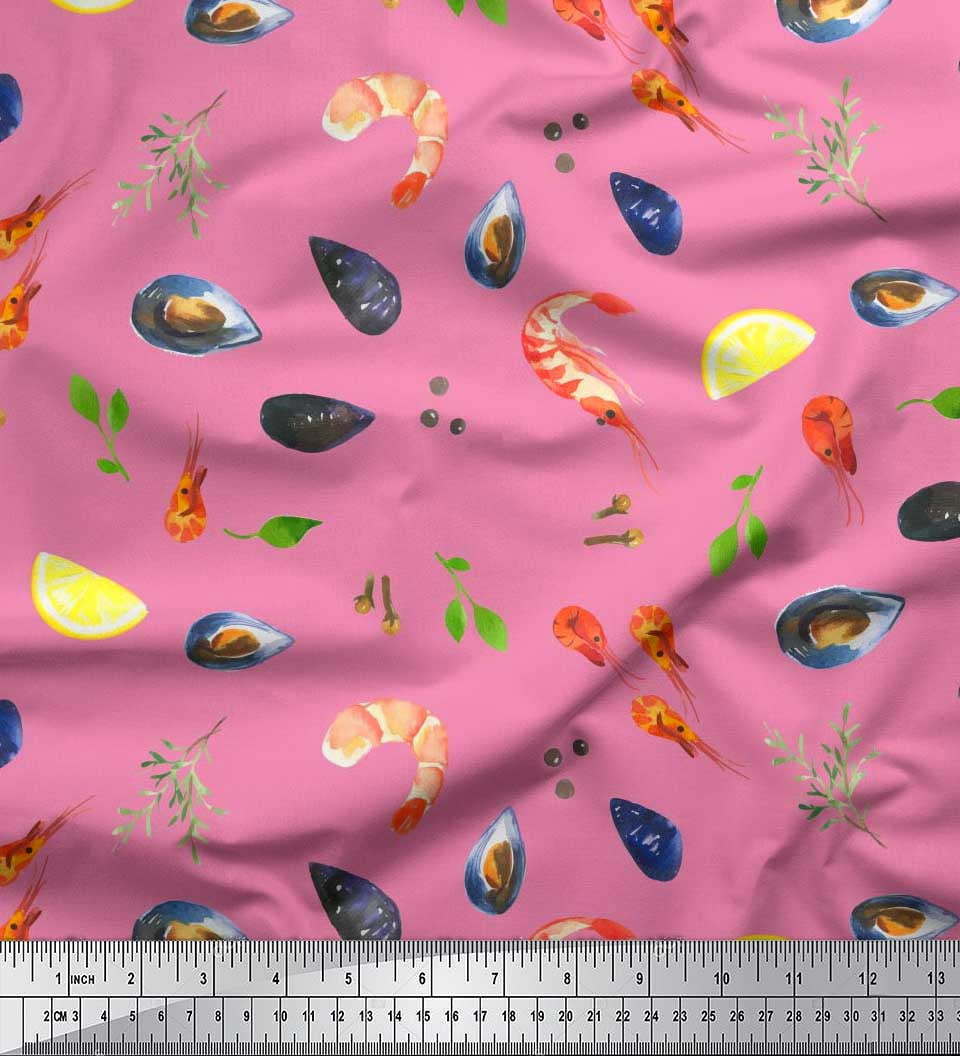 Soimoi Cotton Duck Fabric Gemstone,Lemon Slice & Prawns Food Print ...