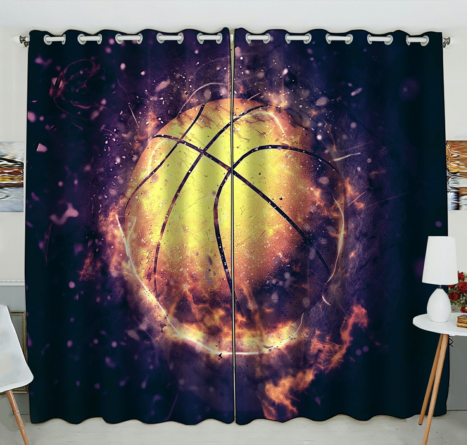 PHFZK Sports Window Curtain, Fire Basketball Window Curtain Blackout ...