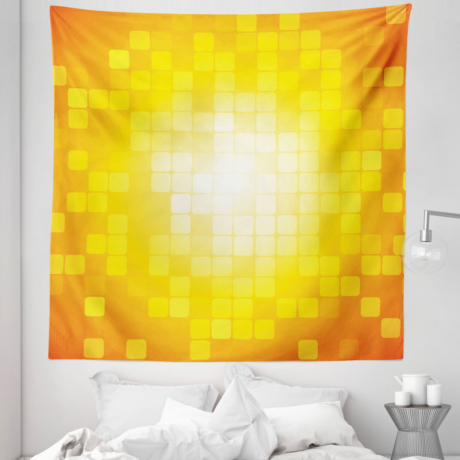 Yellow Tapestry, Mosaic Retro Square Shapes and Patterns Pixels Rays ...