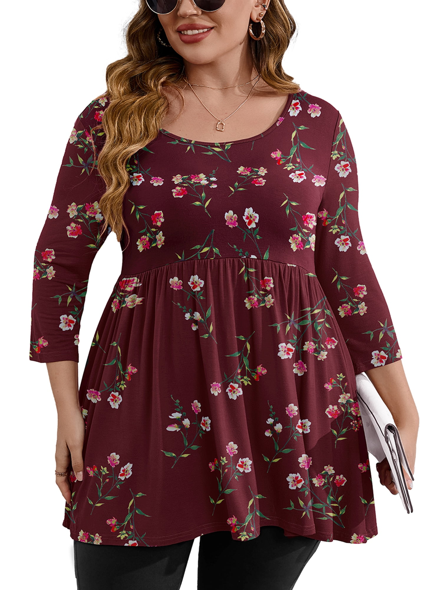 SHOWMALL Plus Size Top for Women 3/4 Sleeve Floret 4X Scoop Neck ...