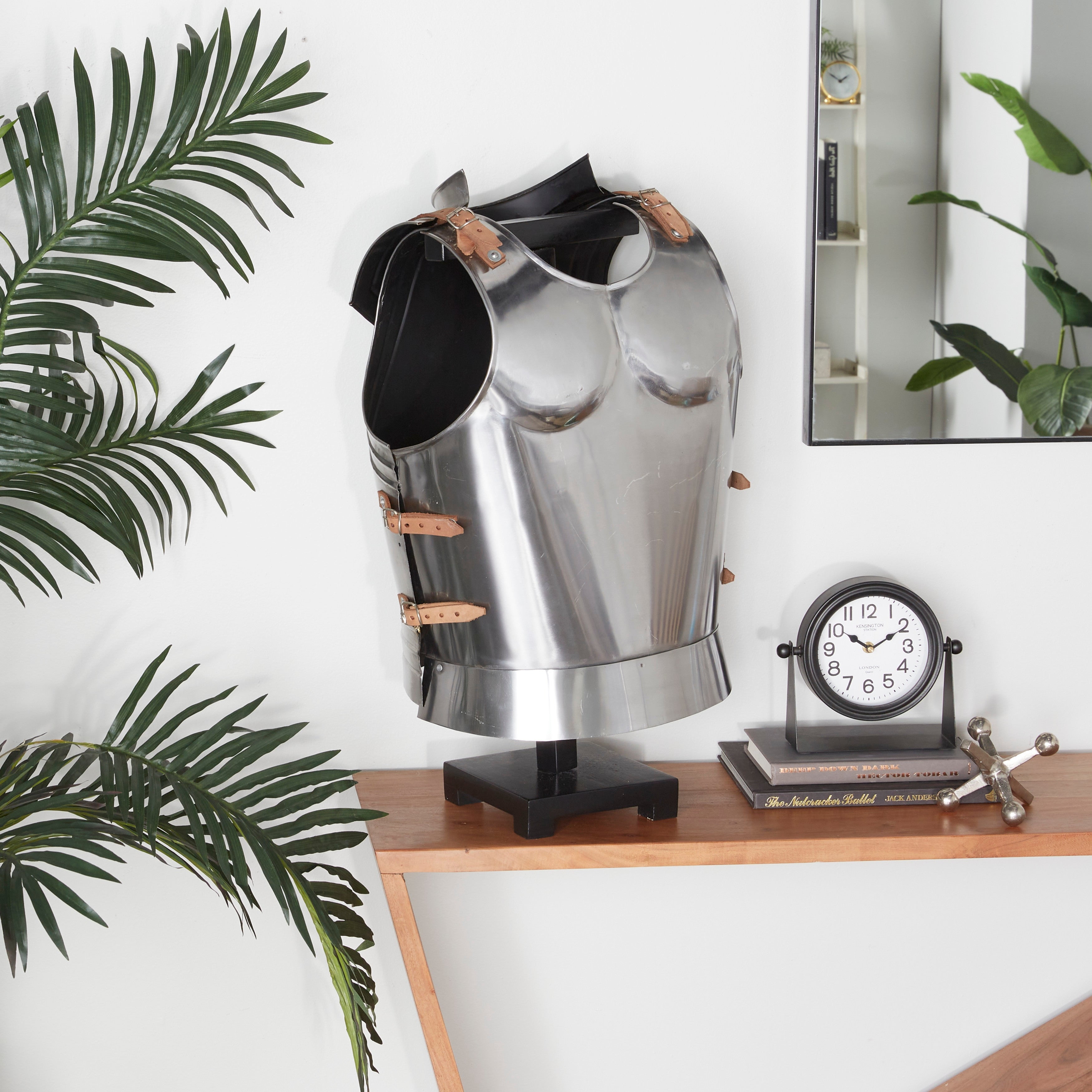 Studio 350 Shining Silver Iron Vintage Armor Decor with Leather Details ...