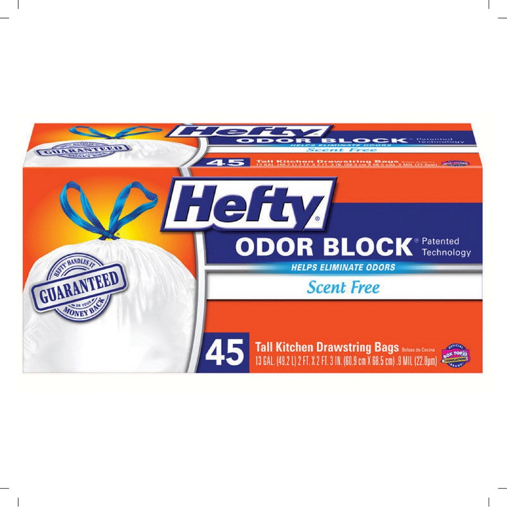 Hefty Tall Kitchen Drawstring Bags, Odor Block Scent Free 13 Gallon 45 ...