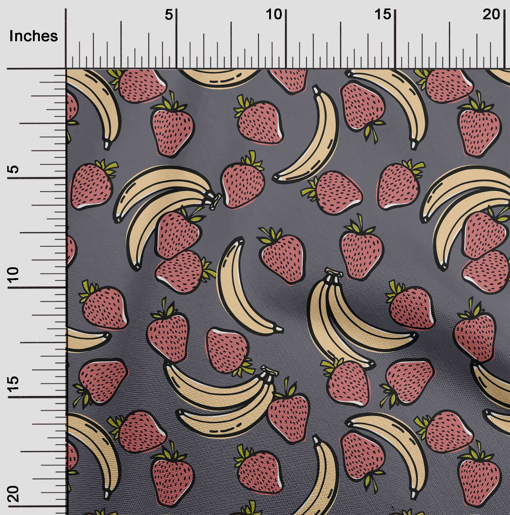 oneOone Silk Tabby Gray Fabric Banana & Strawberry Fruits Sewing ...