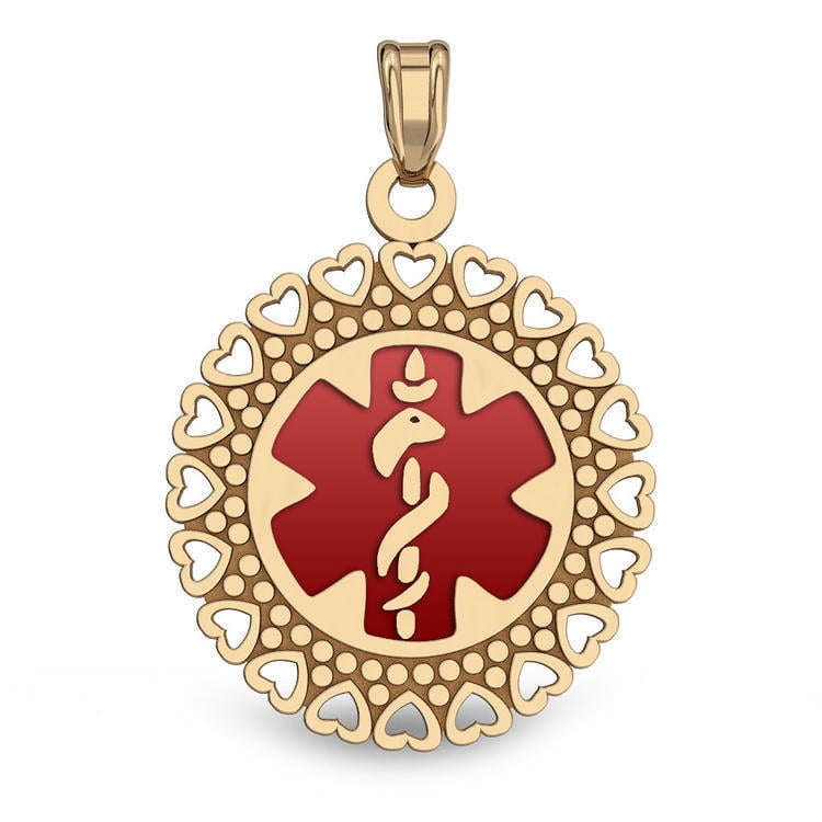 14K Gold Round Medical Pendant W/ Red Enamel - 1/2 Inch x 1/2 Inch ...