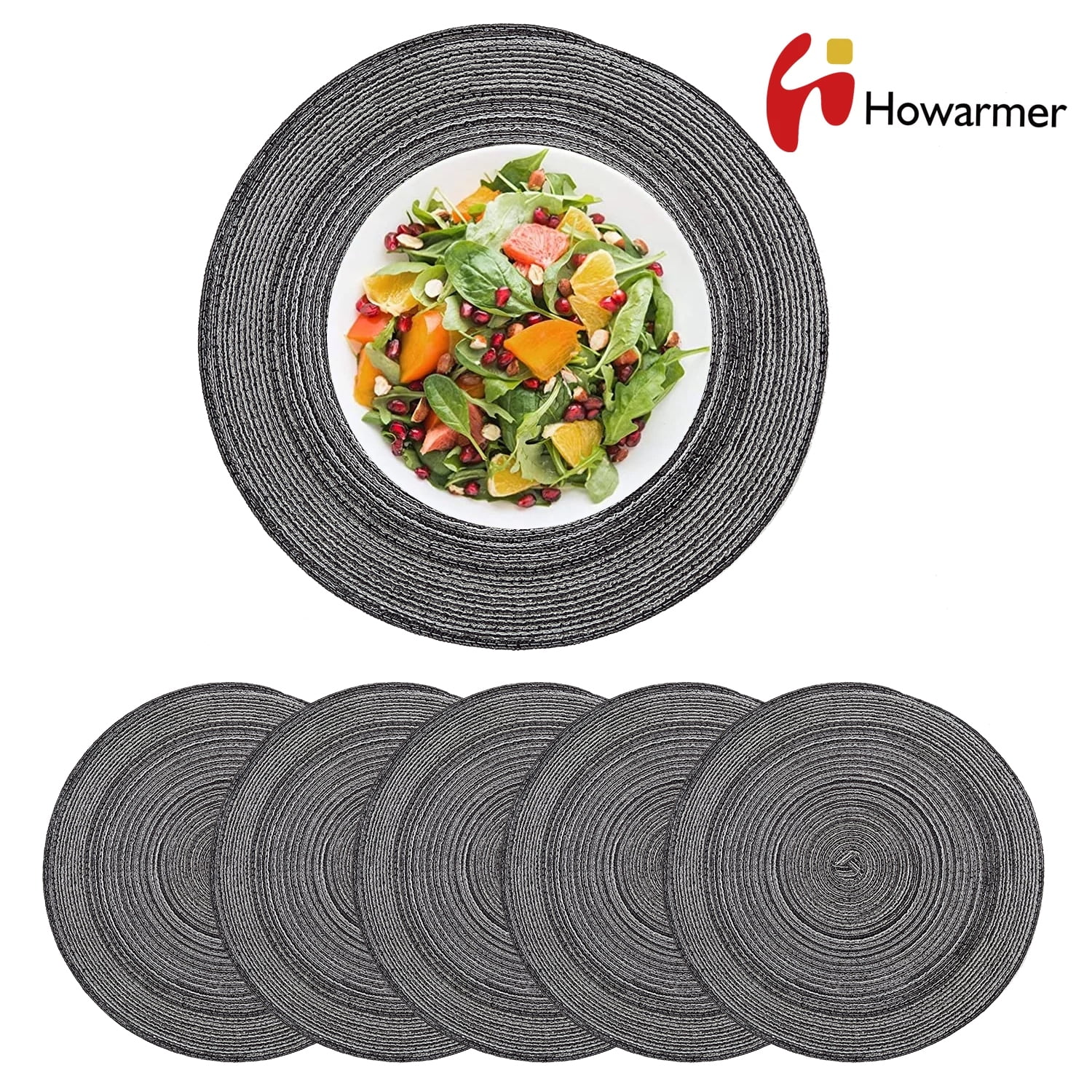 Howarmer Black Placemats Set of 6, 15 inch Washable Round Kitchen Table ...