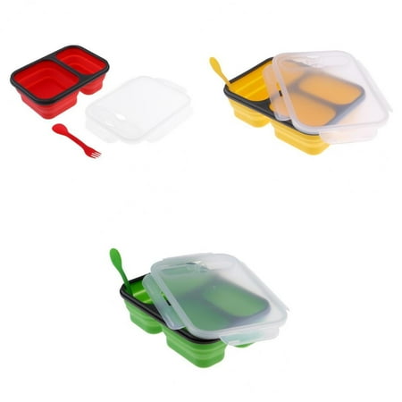 3 Suits Collapsible Food Container Compartments Utensil with Lid, Spoon ...