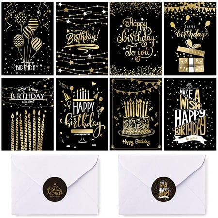 e 24 Pack Birthday Cards with Envelopes and 27pcs Stickers Black Gold ...