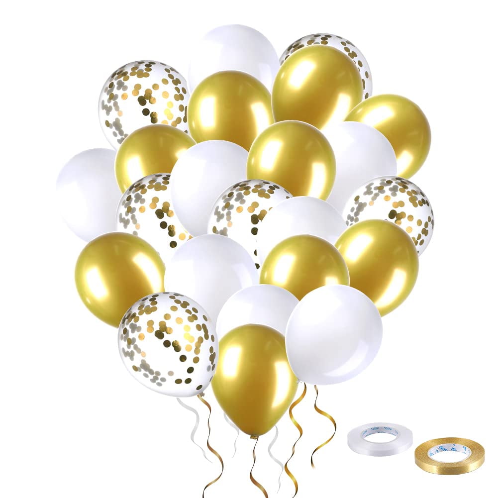 60 Pcs White and Gold Birthday Balloons, Gold Confetti Balloons ...