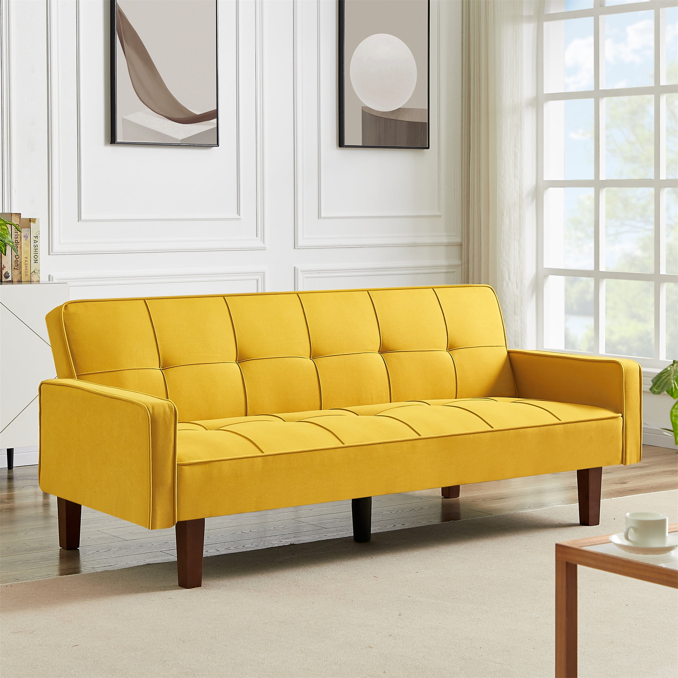 Aukfa 75" Upholstered Futon Convertible Sofa Bed, Solid Wood Legs ...