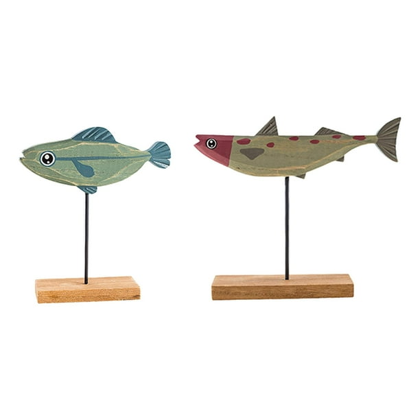2Pieces Cute Fish Ornament Freestanding Fish Shape Wooden Craft ...