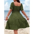 Army Green Tie Front Ruffle Hem Plus Size Dress With Puffed Sleeves And ...