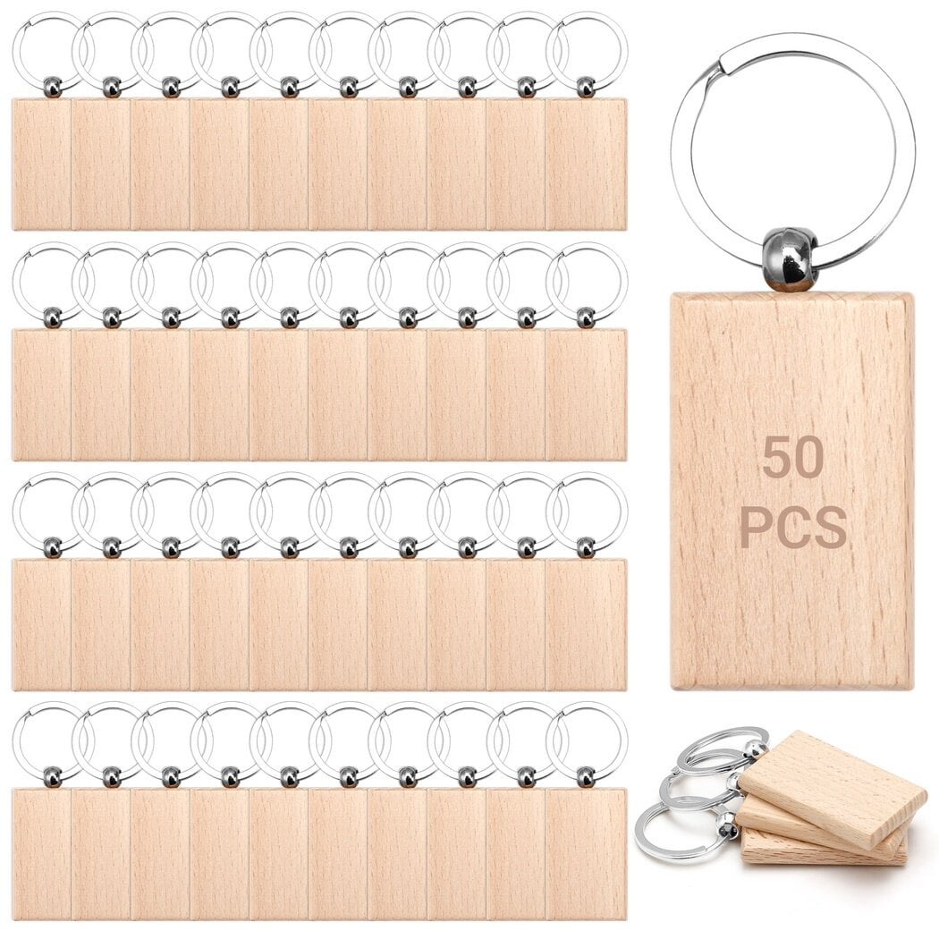 50Pcs Wooden Keychain Blanks, Rectangular Wood Engraving Blanks for DIY ...