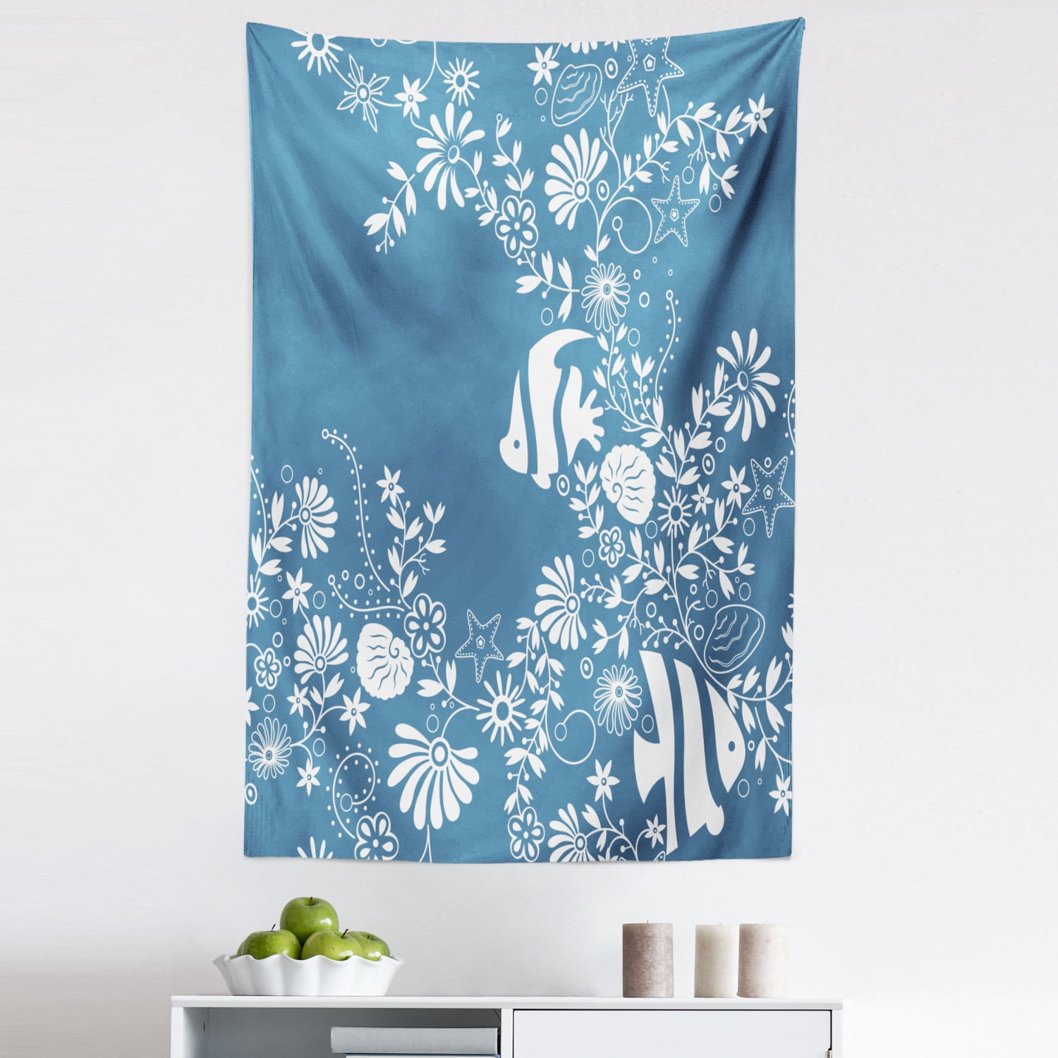 Sea Shells Tapestry, Floral Arrangement with Fishes Abstract Marine and ...