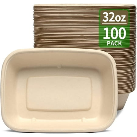 100 Pack 32 oz Large Rectangle Compostable Paper Bowls, Heavy Duty ...