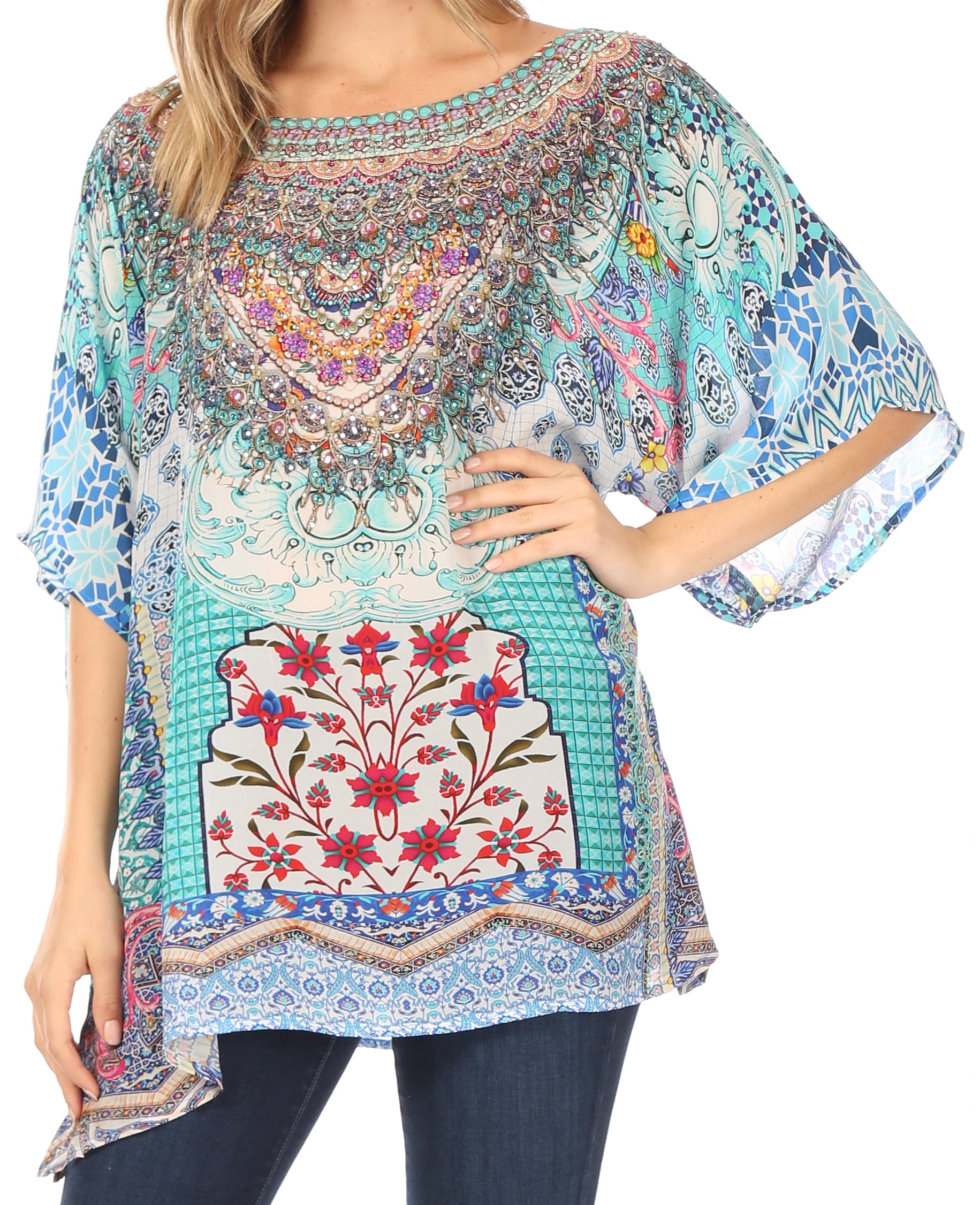 Sakkas Ella Women's Casual Short Sleeve Boxy Trendy Print Boho Blouse ...