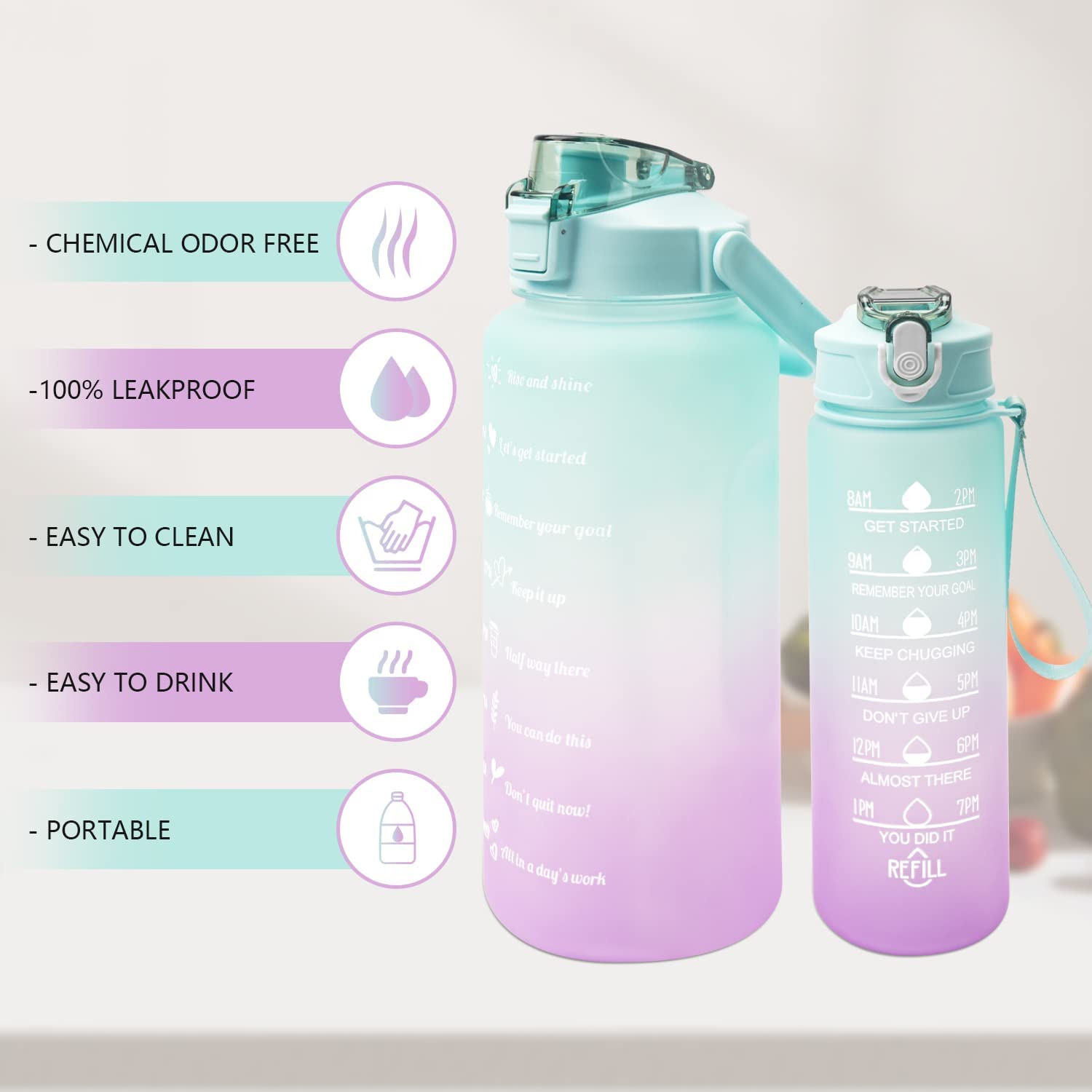 2 Pack Sports Water Bottle With Straw,2L+750ml Measured Plastic Drinking BPA Free Non-Toxic ...