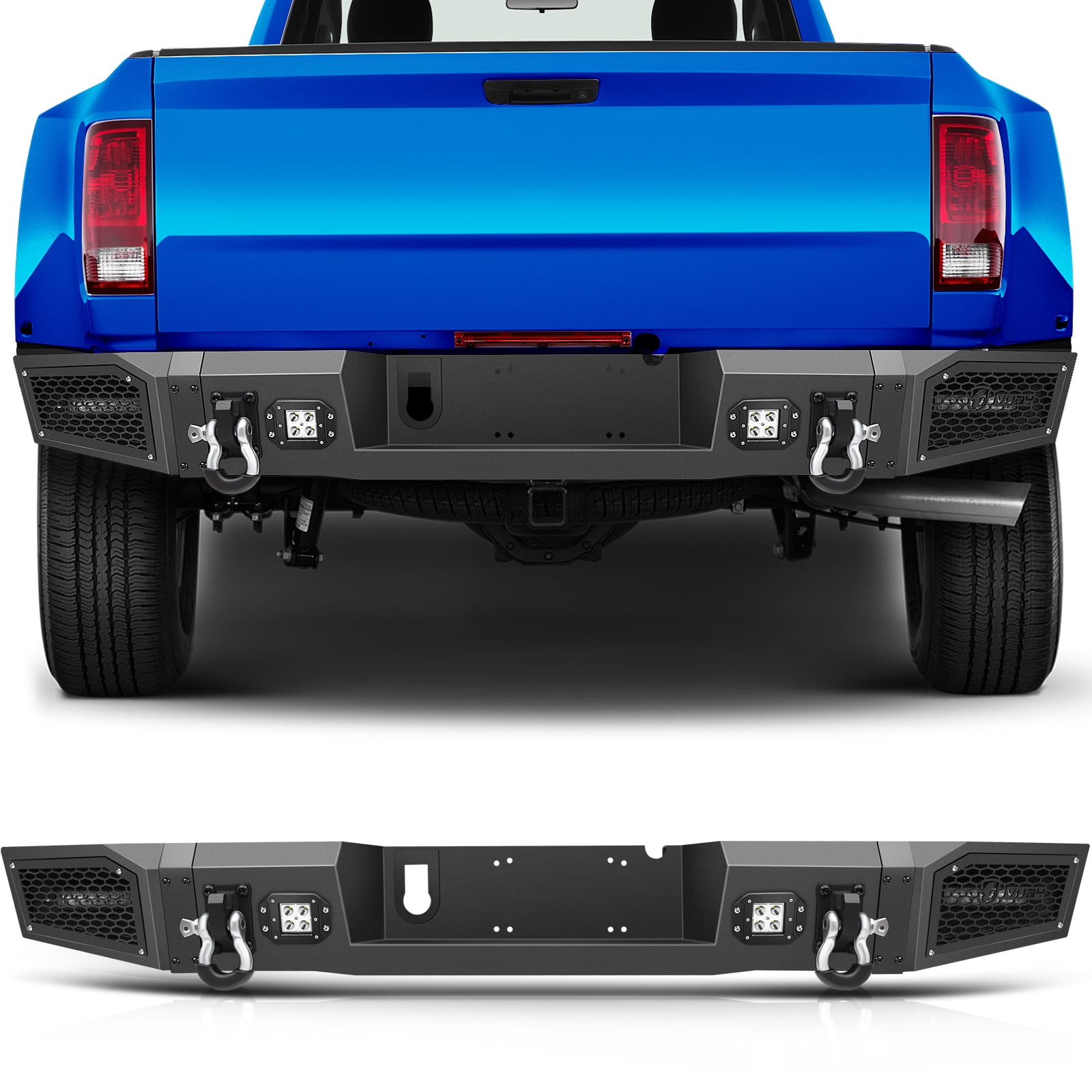 CCIYU Texture Black Rear Bumper with D-ring and 2X 4LED Lights ...