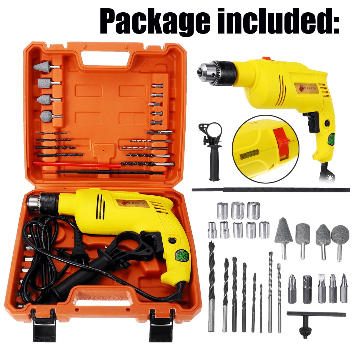 1980W 32Pcs Electric Hammer Impact Drill 13mm Keyless Drill Set W/ Bits ...
