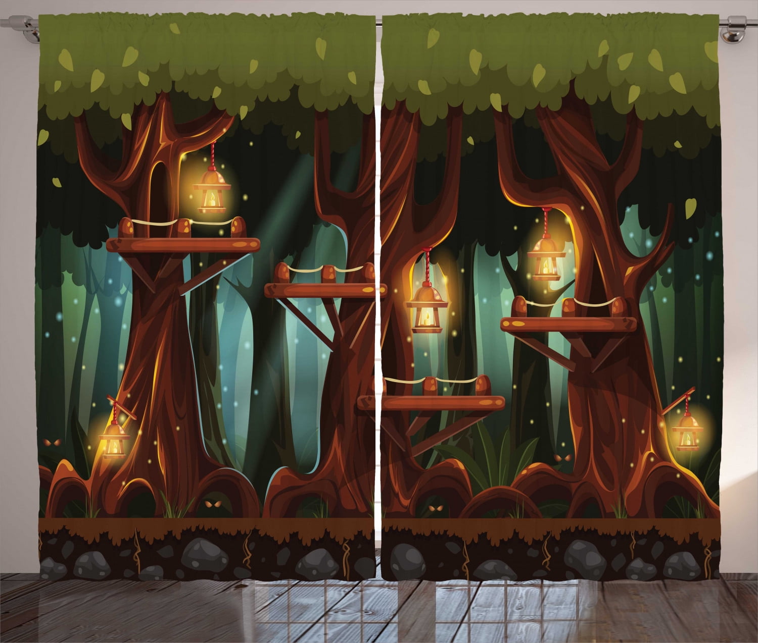 Firefly Curtains 2 Panels Set, Fairy Forest Woodland with Lanterns and ...
