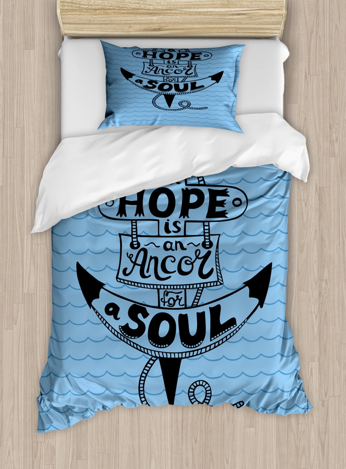 Hope Twin Size Duvet Cover Set, Hand Drawn Anchor with Ropes Marine ...