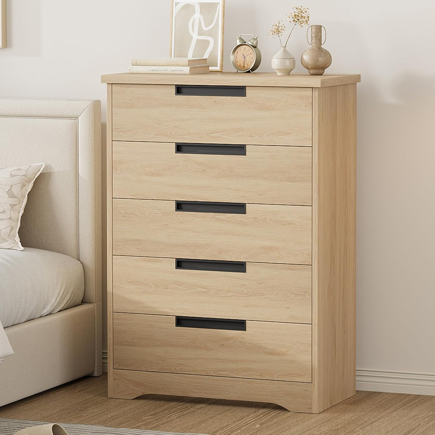 OUYAWEI 5 Drawer Dresser for Bedroom,Natural Chest of Drawers with ...