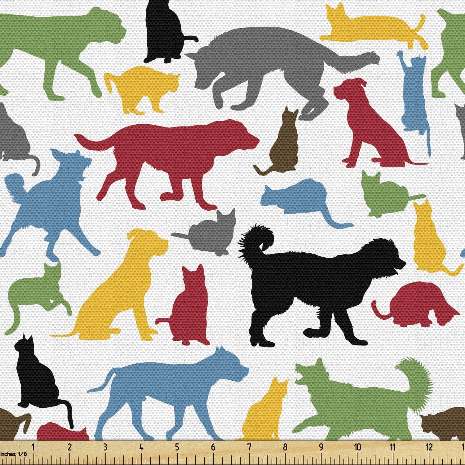 Cats Fabric by the Yard, Colorful Cats and Dogs Animal Silhouettes ...