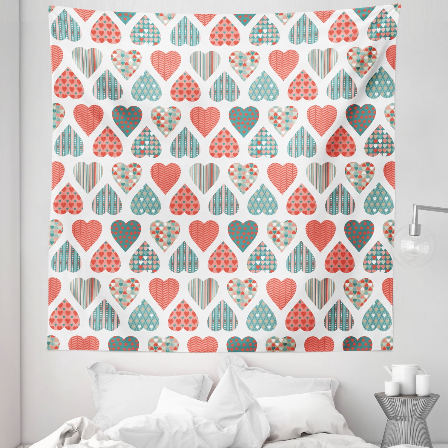 Valentines Tapestry, Retro Style up and down Hearts with Stripes Waves ...