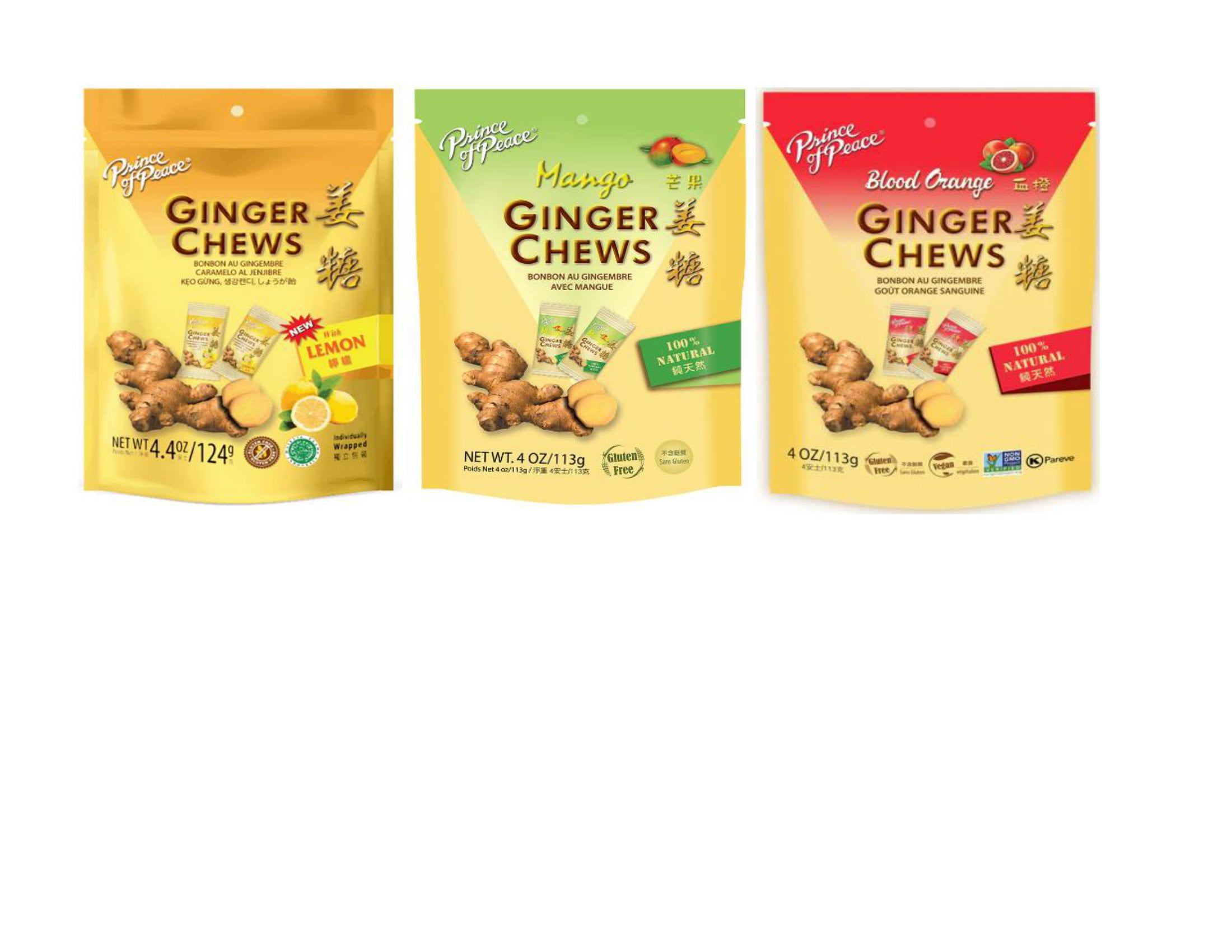 Prince of Peace Natural Ginger Chews Candies | 3 Flavor Pack - Lemon ...