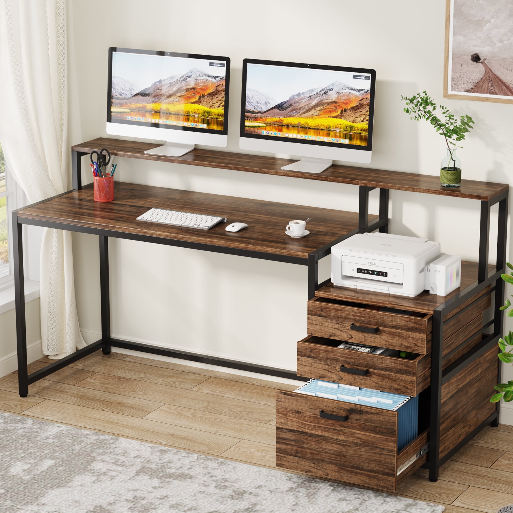 Tribesigns 63 Inch Computer Desk with Monitor Stand, Ergonomic Office ...