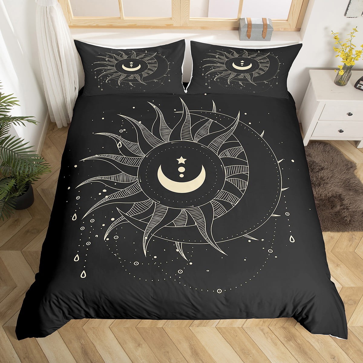 Trippy Sun and Moon Duvet Cover King, Bohemian Geometric Sun Moon ...
