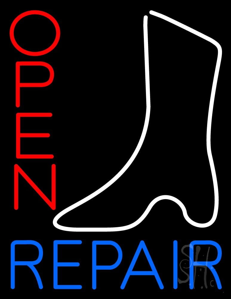 White Boot Repair Open LED Neon Sign 19 x 15 - inches, Black Square Cut ...