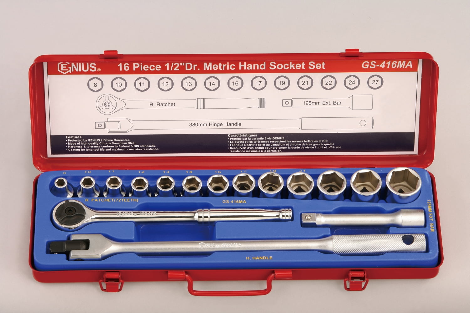 Genius Tools 16 Piece 1/2" Dr. Metric Hand Socket Set - GS-416MA ...