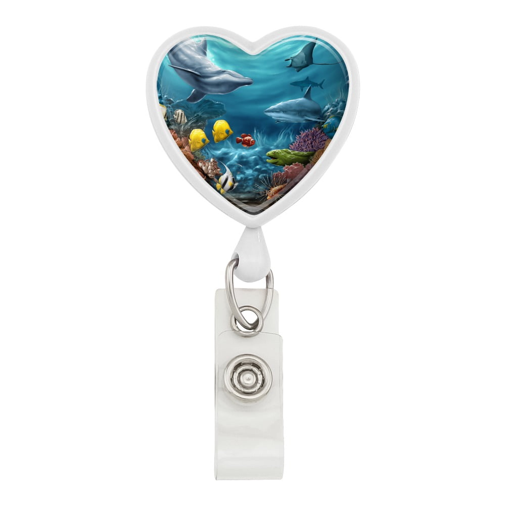 Coral Reef Ocean Scene Dolphin Turtle Shark Stingray Fish Heart Lanyard ...
