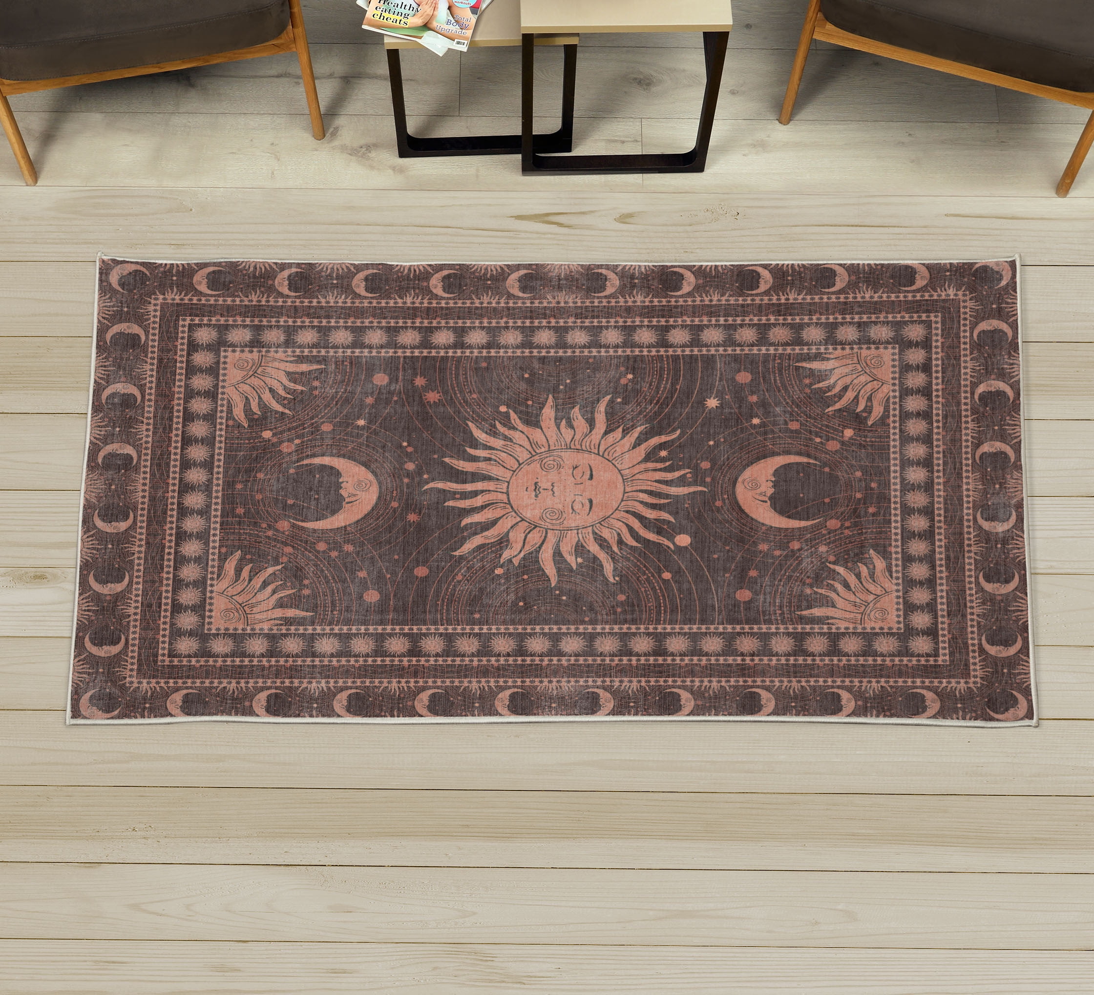 Sun and Moon Decorative Rug, Bohemian Occult Design of Crescent Solar ...