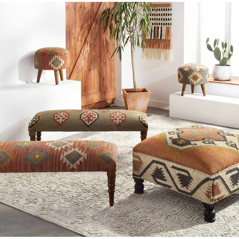 Hauteloom Yunak Entryway Bench Bedroom Bench Jute Wool Southwestern Beige Mustard Medium Gray Olive Rust Brown 18 x 48 x 16