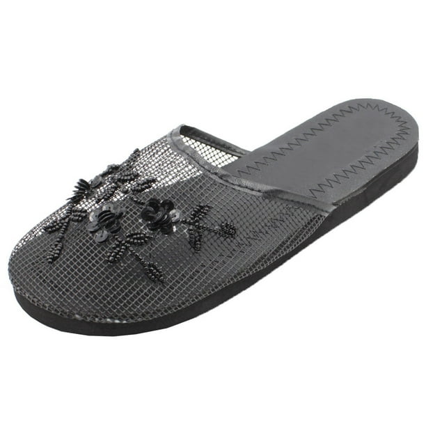 SNJ - Women's Mesh Sequin Slide Beaded Chinese Floral Sandal Slipper ...