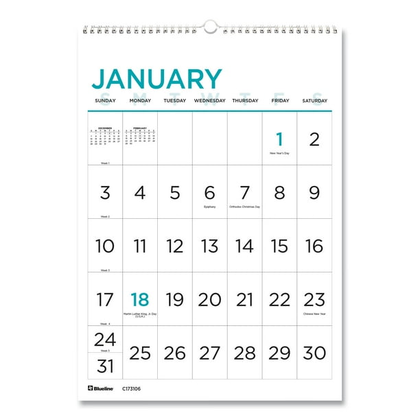 Blueline 12-Month Large Print Wall Calendar 12 x 17 White/Blue 2021 ...
