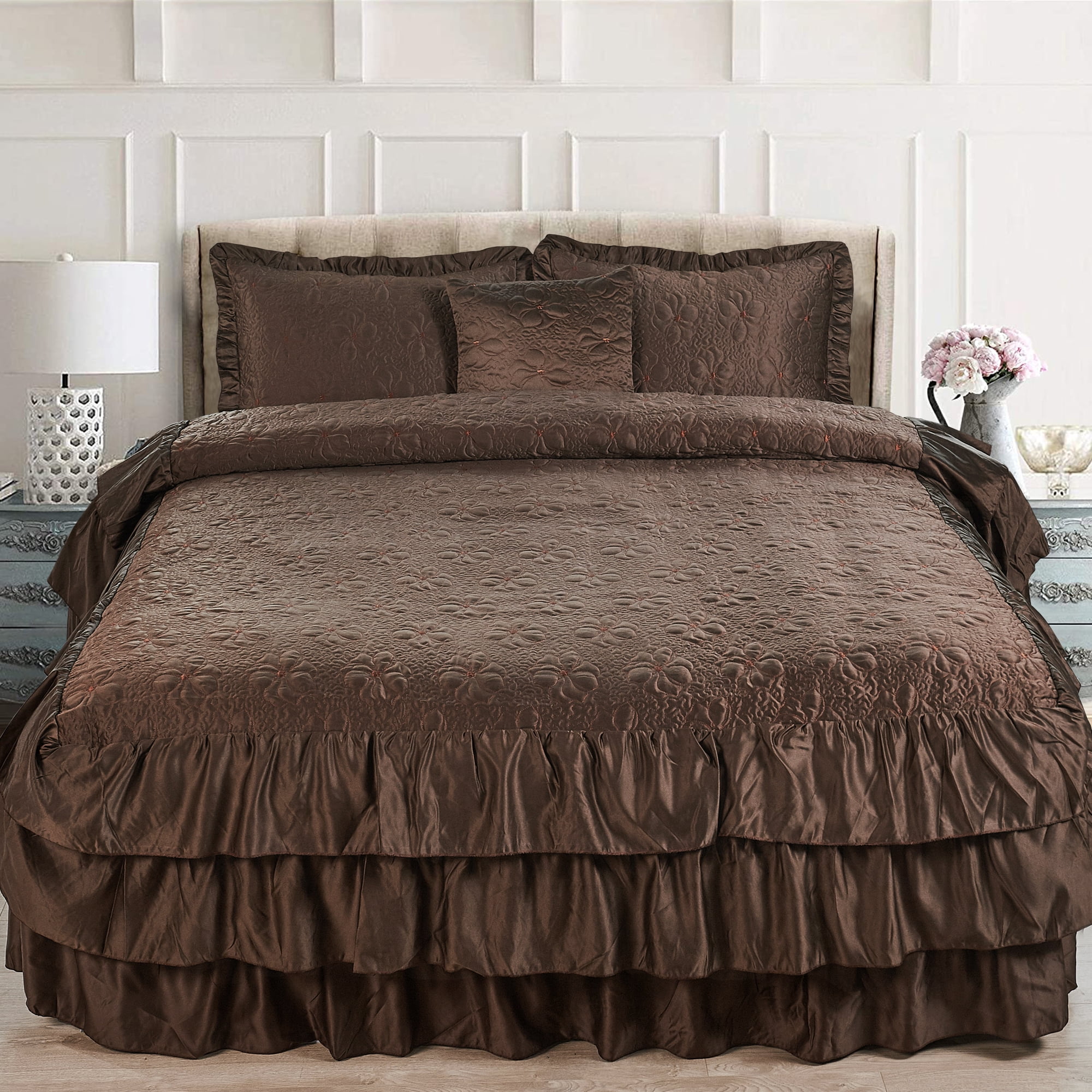 Home Soft Things 4 Piece Ruffle Matte Satin Bedspread Set - Chocolate ...