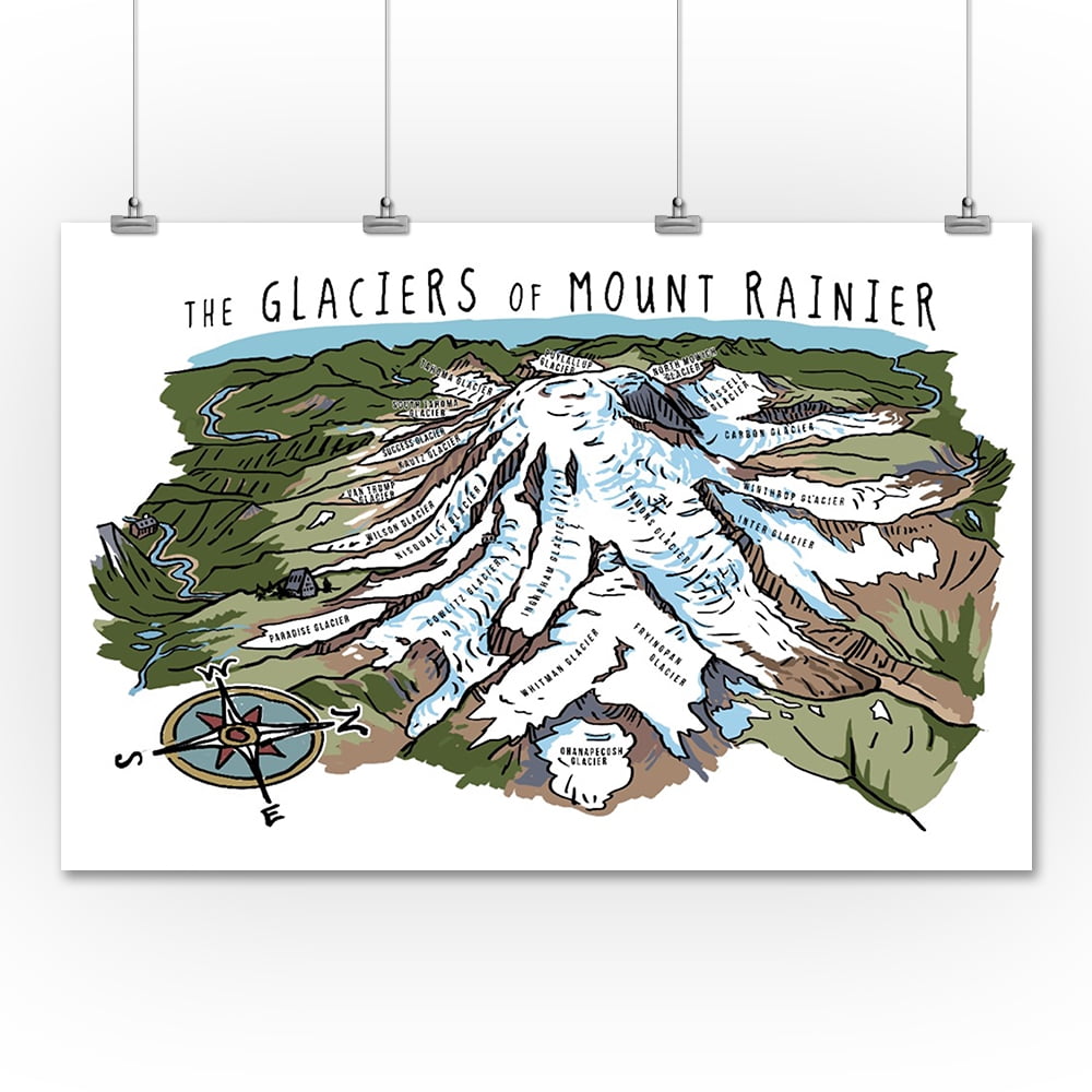 Mount Rainier - Glaciers - Line Drawing - Lantern Press Artwork (36x54 ...