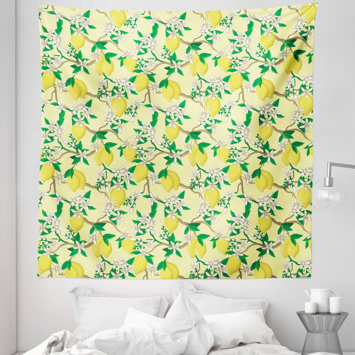 Lemons Tapestry, Blooming Lemon Flowers on Tree Branches with Buds and ...