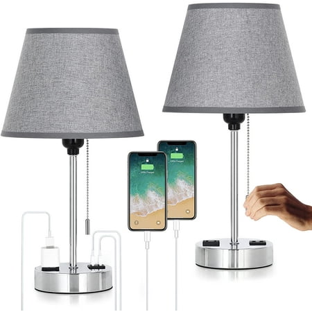 USB Table Lamp Set of 2 - Modern Nightstand Lamp with Dual USB Charging ...