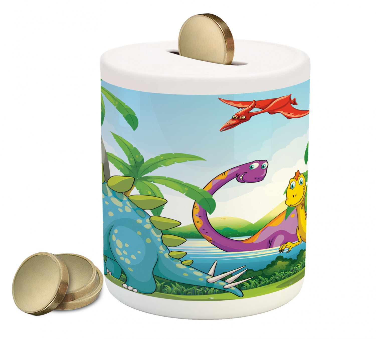 Jurassic Piggy Bank, Dinosaurs Living in the Jungle Illustration Palm ...