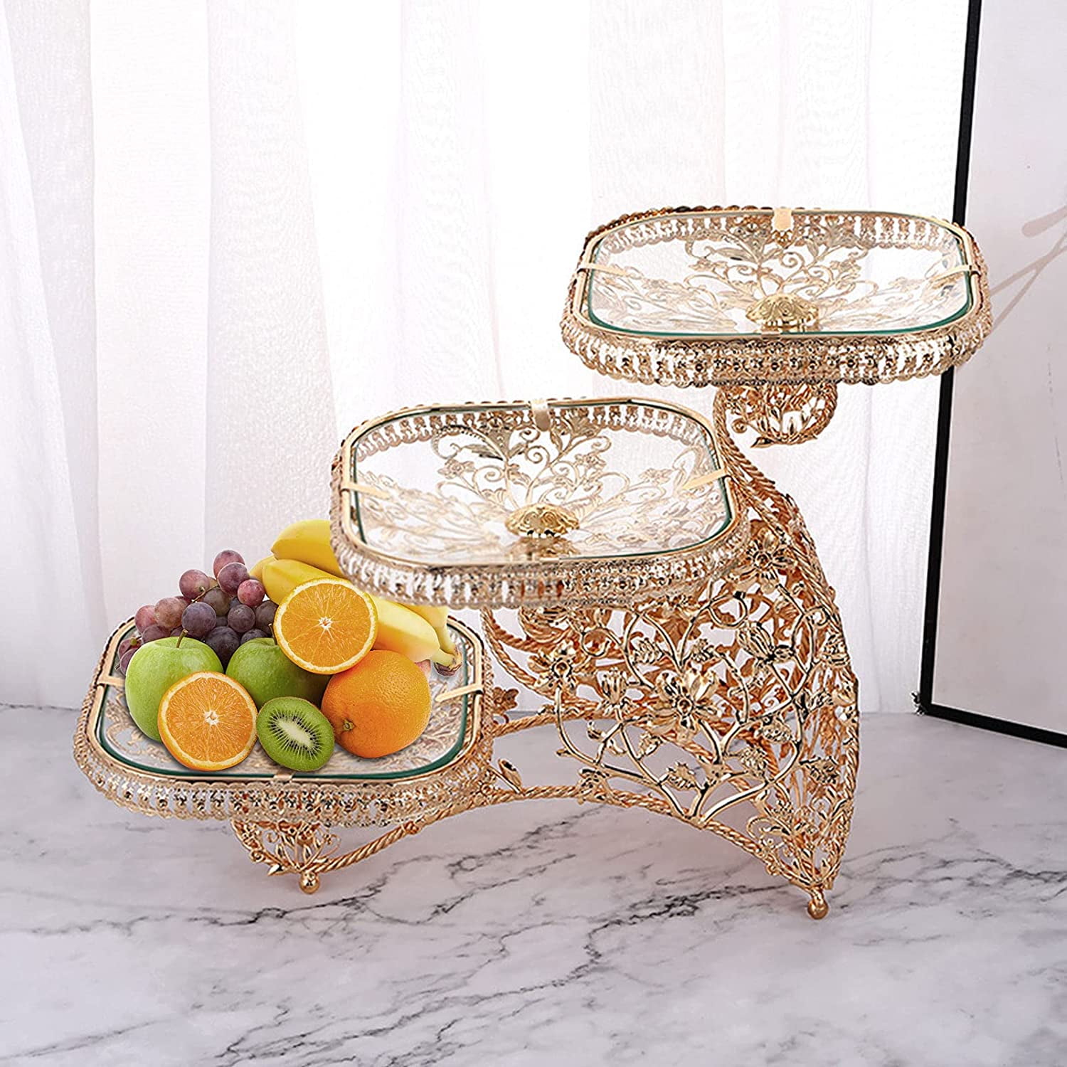 FETCOI 3-Tier Fruit Stand Metal Glass Tiered Serving Stand Fruit Plates ...
