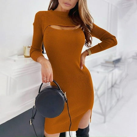 Fall Winter Long Sleeve Party Dresses Sexy Chest Cut Out Slim Party ...