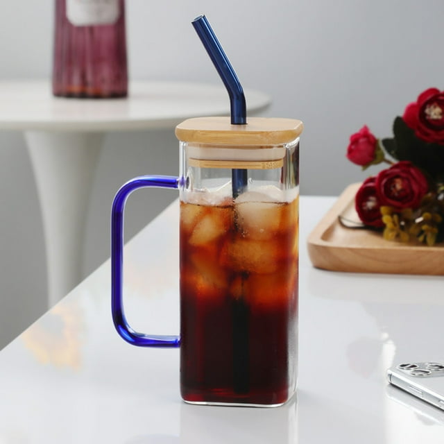 Glass Wide Mouth Tumbler Drinking Cups With Lids And Handle For Smoothie Iced Coffee Juice