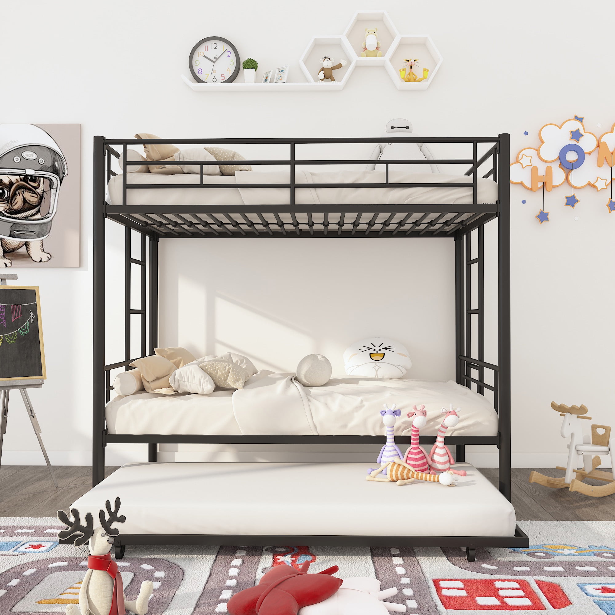 Heavy Duty Metal Bunk Bed Frame with Trundle - Twin Over Twin ...