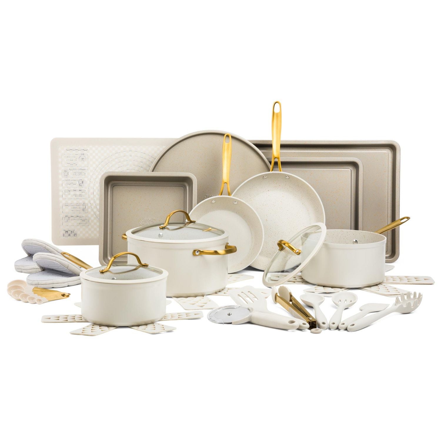 Thyme Table 32 Piece Cookware Bakeware Nonstick Set Sand