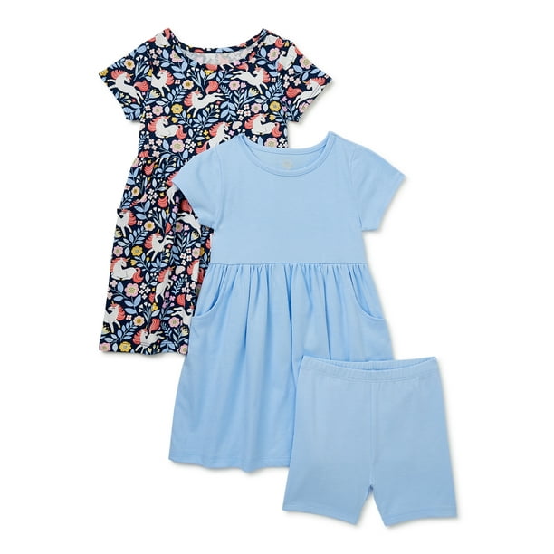 Wonder Nation Baby and Toddler Girl Knit Dress with Pockets and Biker Shorts Set, 3 Piece ...