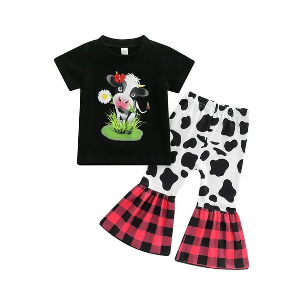 jaweiw Baby Kid Girls Summer Clothes Set, Short Sleeve Cow Print T-shirt with Patchwork Flare ...